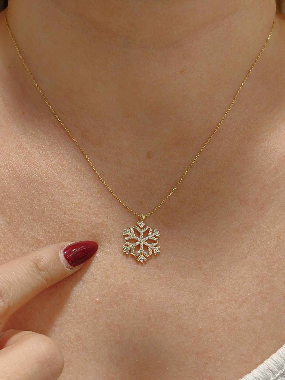 14 AYAR TAŞLI KAR TANESİ MODEL TARZ ALTIN KOLYE KLY00143 | NASİP KUYUMCU